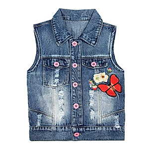 Peacolate Little Big Girl Distressed Sleeveless Jacket Embroidered Sequins Butterfly Denim Vest (Butterfly,6-7Years)