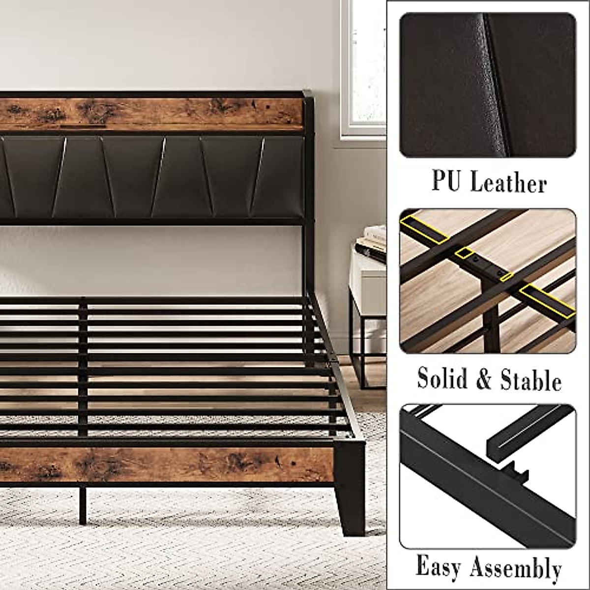 LIKIMIO Queen Bed Frame, Storage Headboard with Charging Station, Solid and Stable, Noise Free, No Box Spring Needed, Easy Assembly (Vintage and Black)