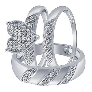 Pretty Jewels 0.23 Carat (ctw) Round White Diamond Heart Frame Men's & Women's Engagement Trio Set Ring For His & Her Wedding, 925 Sterling Silver (H-I Color, I1-I2 Clarity) Ladies 7 & mens 13