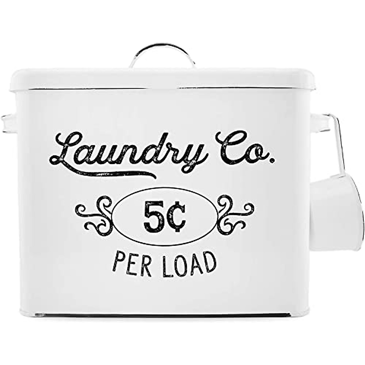 AuldHome Farmhouse Laundry Powder Container, White Enamelware Detergent Bin with Scoop