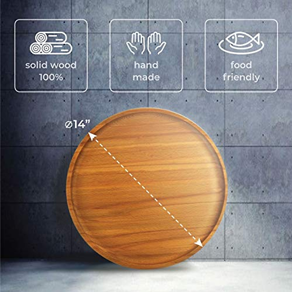 WOODLA 14 Inch Round Charcuterie Boards Cheese Board - Natural Wooden Serving Tray with Rim for Party and Home Decor - Perfect Food Platter and Kitchen Accessory