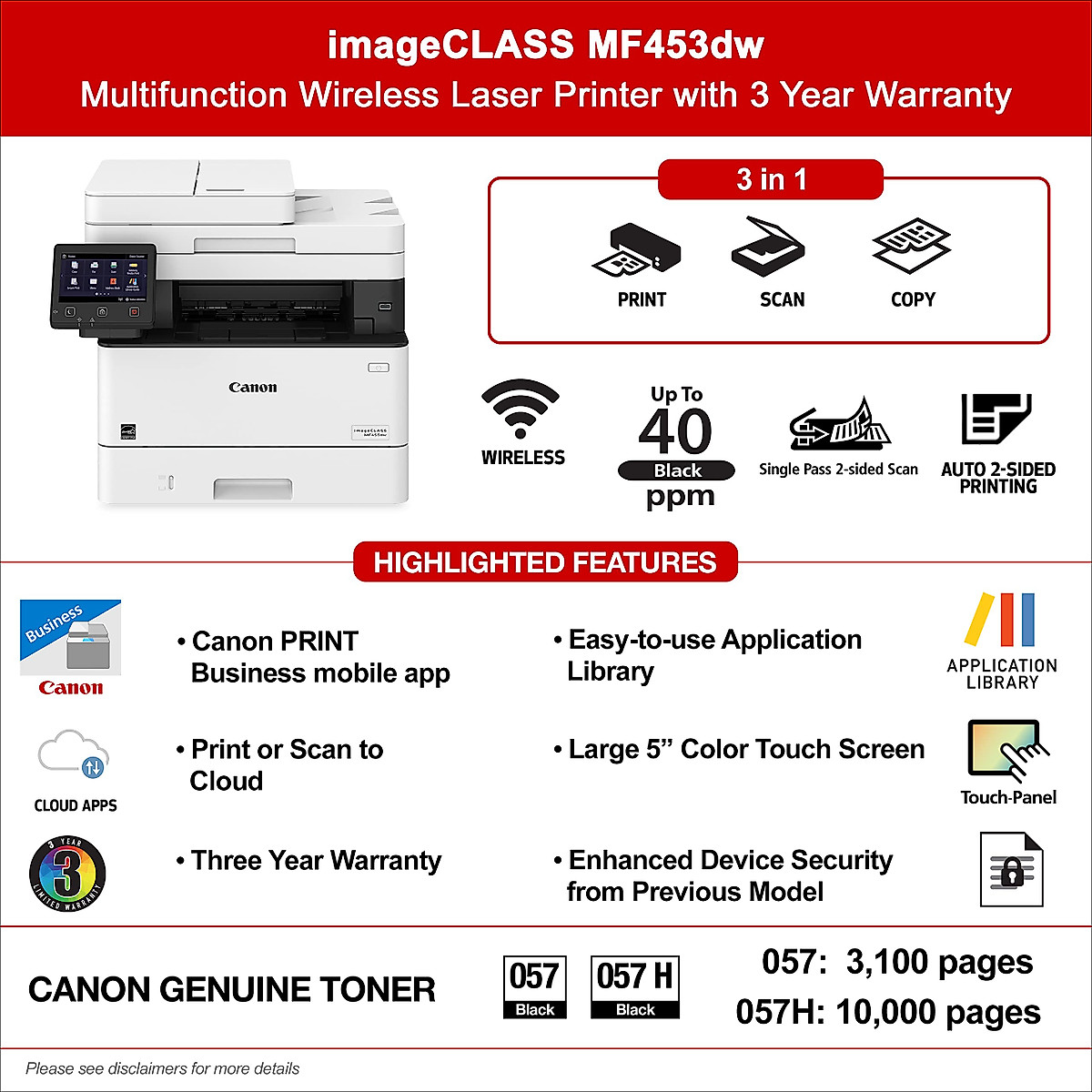 Canon imageCLASS MF453dw All-in-One Wireless Monochrome Laser Printer | Print, Copy, & Scan| | 5" Color Touch LCD | One Pass Duplex Scan