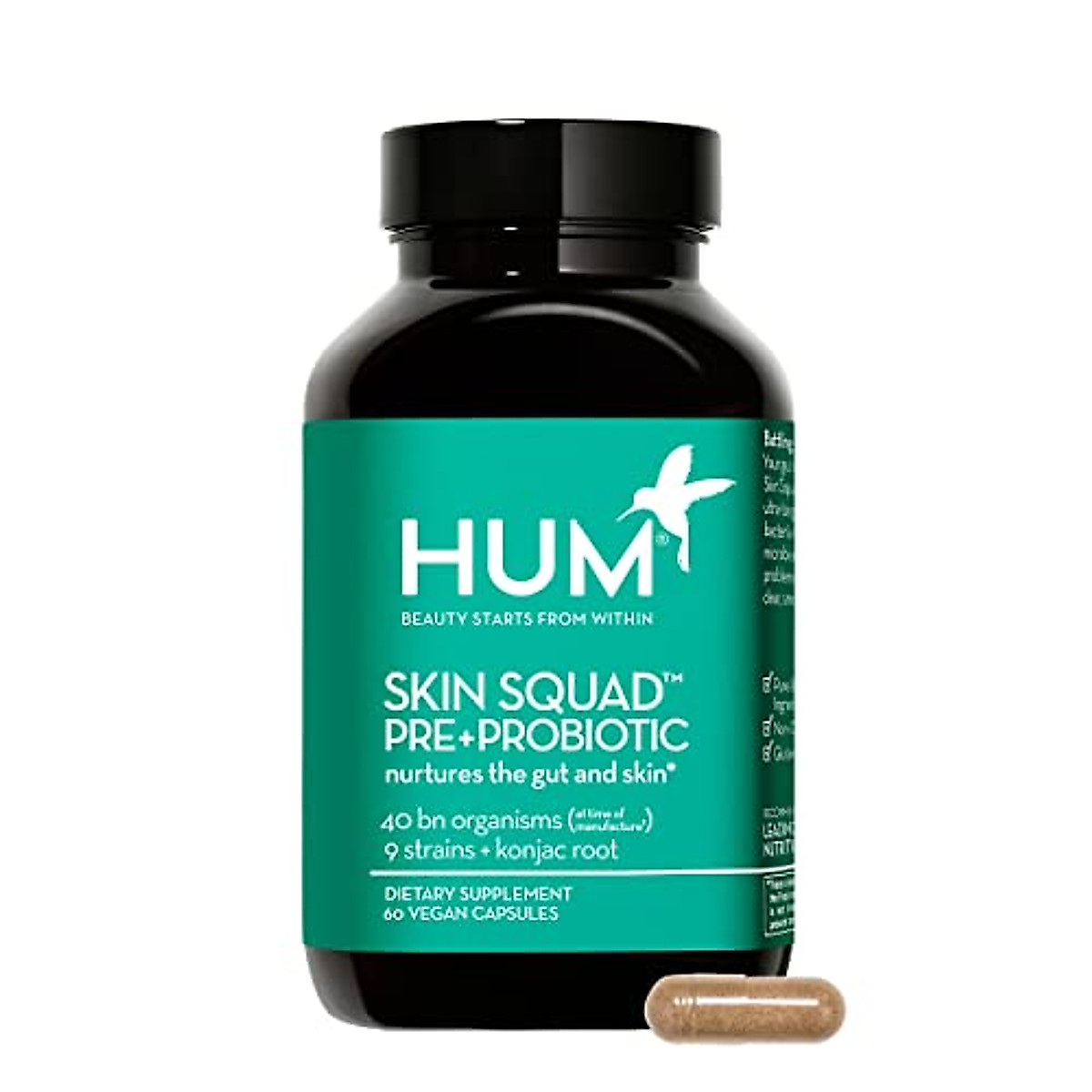 HUM Skin Squad - Vegan Clear Skin Gut Probiotic Supplement - Prebiotic Konjac Root & 9 Strain Probiotic Blend for a Healthy Gut Microbiome, Decreased Breakouts & Glowing Even Skin Tone (60 Capsules)
