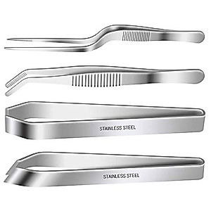 4 Pieces Fish Bone Tweezers Set, Two 4.6" Stainless Steel Tweezer and Two 5.5" Tongs for Cooking Food Design styling.