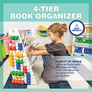 UNiPLAY Kids 4-Tier Book Storage Organizer with Sling Book Pockets, Plastic Sling Rack Bookshelf for Playroom, Fits Blocks, White