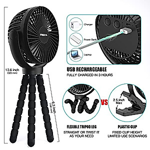 Portable Stroller Fan, Use As Power Bank, 65H 12000mAh Battery Operated Fan Flexible Tripod Baby Car Seat Fan, Personal Mini Handheld/Desk/Small Clip On Fans For Stroller, Carseat, Beach, Bed, Camping