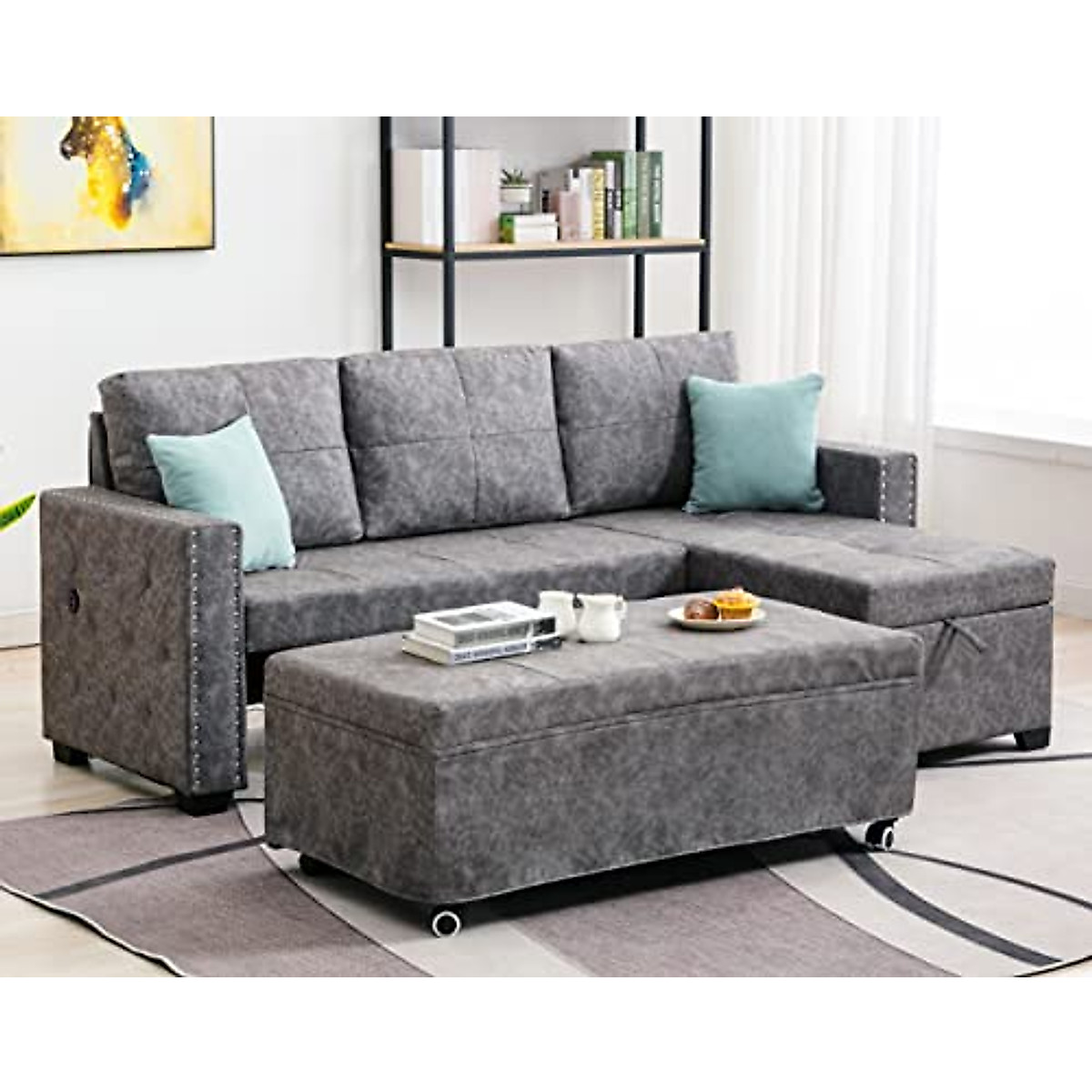 Merax 84" Pull-Out Sleeper Sofa Bed with USB Port,L-Shaped Storage Corner Sofa Bed with Storage Chaise Lounge, 3-Seater Upholstered Sofa Couch with Nail Head Trim
