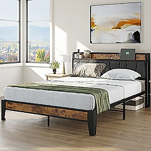 LIKIMIO Queen Bed Frame, Storage Headboard with Charging Station, Solid and Stable, Noise Free, No Box Spring Needed, Easy Assembly