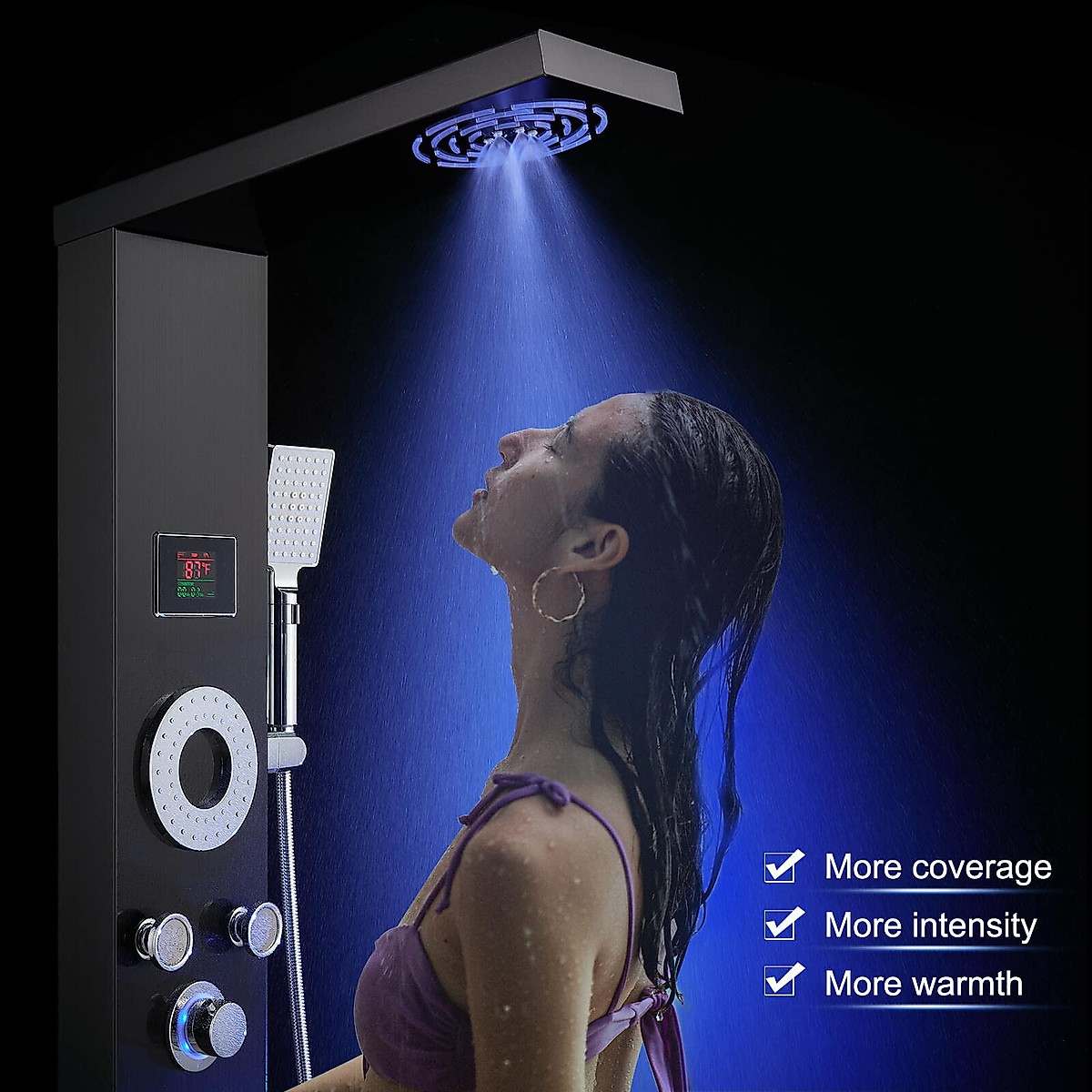 ROVOGO No Battery Needed Shower Panel System with Led Lights, MIST & RAIN Shower, 5 Body Jets, Handheld, Tub Spout and Temperature Display, Water Powered Led Shower Tower Column Stainless Steel, Black