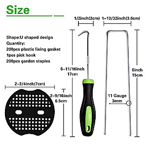 Bakulyor 200Pcs Landscape Staples + 200Pcs Gasket, 6 Inch Garden Stakes Staples 11 Gauge U Shaped Galvanized Lawn Landscape Pins, Heavy Duty Yard Ground Pin for Weed Barrier Sod Fabric Decorations