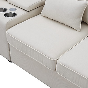 Favfurish 114.2" Linen Upholstered Sofa with Consoleand 2 USB Ports Wired or Wirelessly Charged,Modern 4-Seat Couches W/ 4 Pillows and Two Cupholders,for Living Room,Apartment,Beige