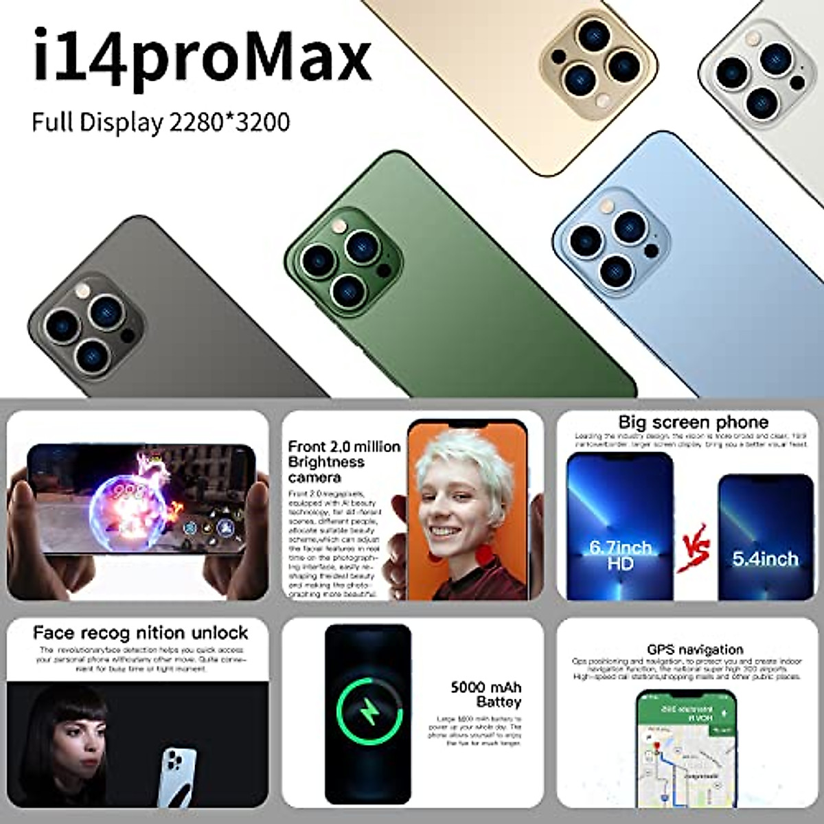 6.7Inch Unlocked Cell Phone Android Phones 2GB +16GB/SD128 GB Straight Talk Phone Dual Sim Boost Mobile Phones Smart Phones Unlocked New for Android10.0 (Black)