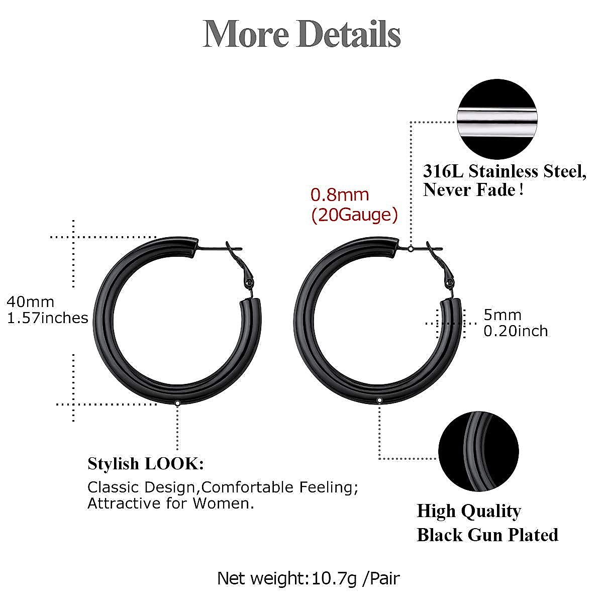 FOCALOOK Hoop Earrings Black Stainless Steel 40mm Chunky Round Cirlcle Endless Hoops for Women