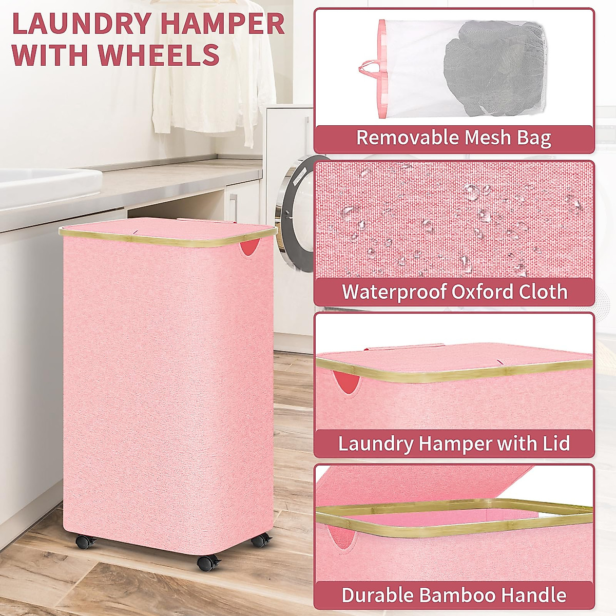Pink Laundry Hamper with Wheels - 100L Large Laundry Hamper with Lid, Rolling Laundry Hamper on Wheels, Collapsible Laundry Hamper with Removable Mesh Bag and Bamboo Handles for Easy Carrying
