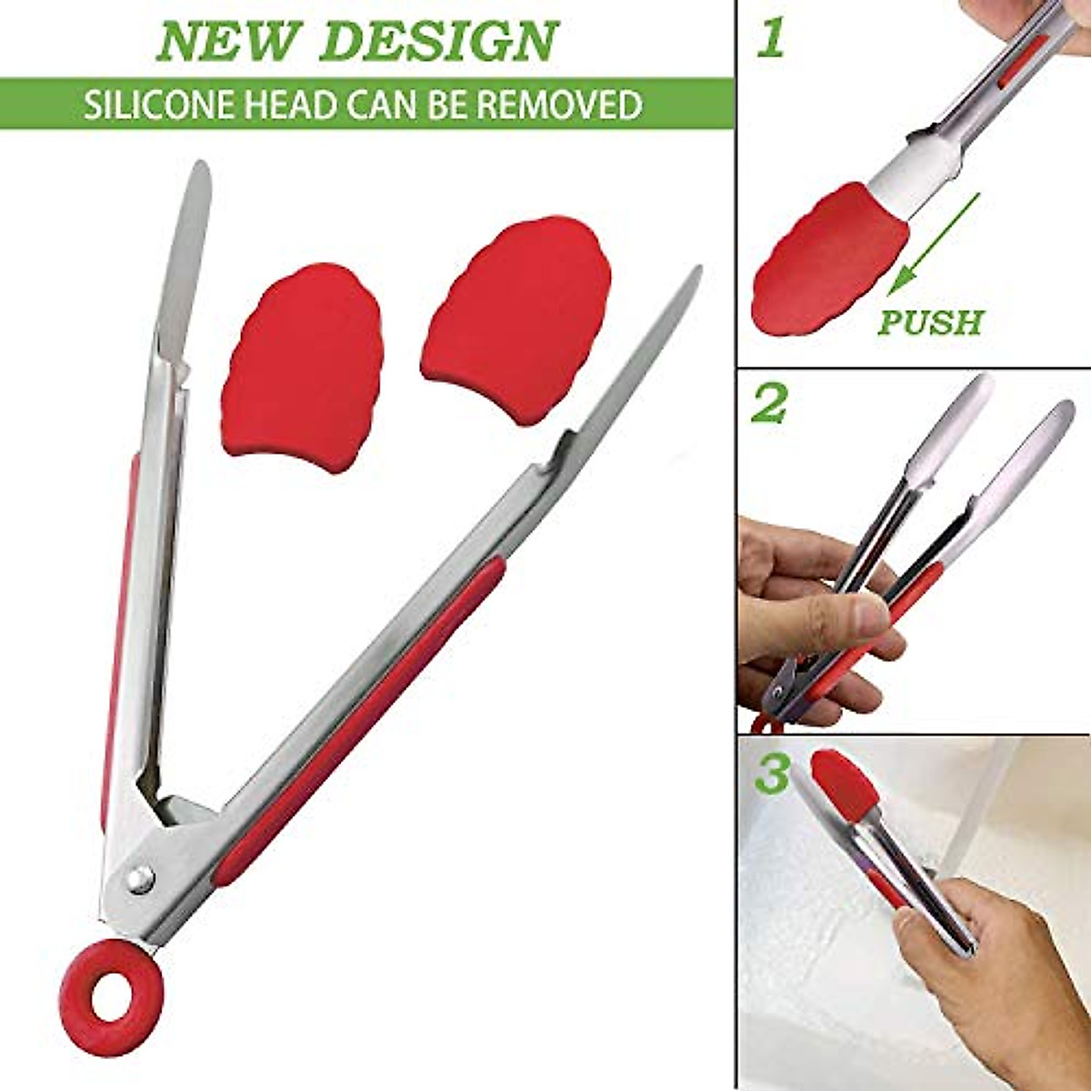 HINMAY Small Tongs with Silicone Tips 7-Inch Mini Serving Tongs, Set of 3 (Red Blue Green)