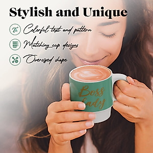 American Atelier Ceramic Green Multi-color Mug & Rack Set – 4 Cups & Standing Metal Rack for Kitchen Countertop, Tabletop, Island, or Café Display – Gift for Tea & Coffee Lovers, 14 oz, Boss Lady