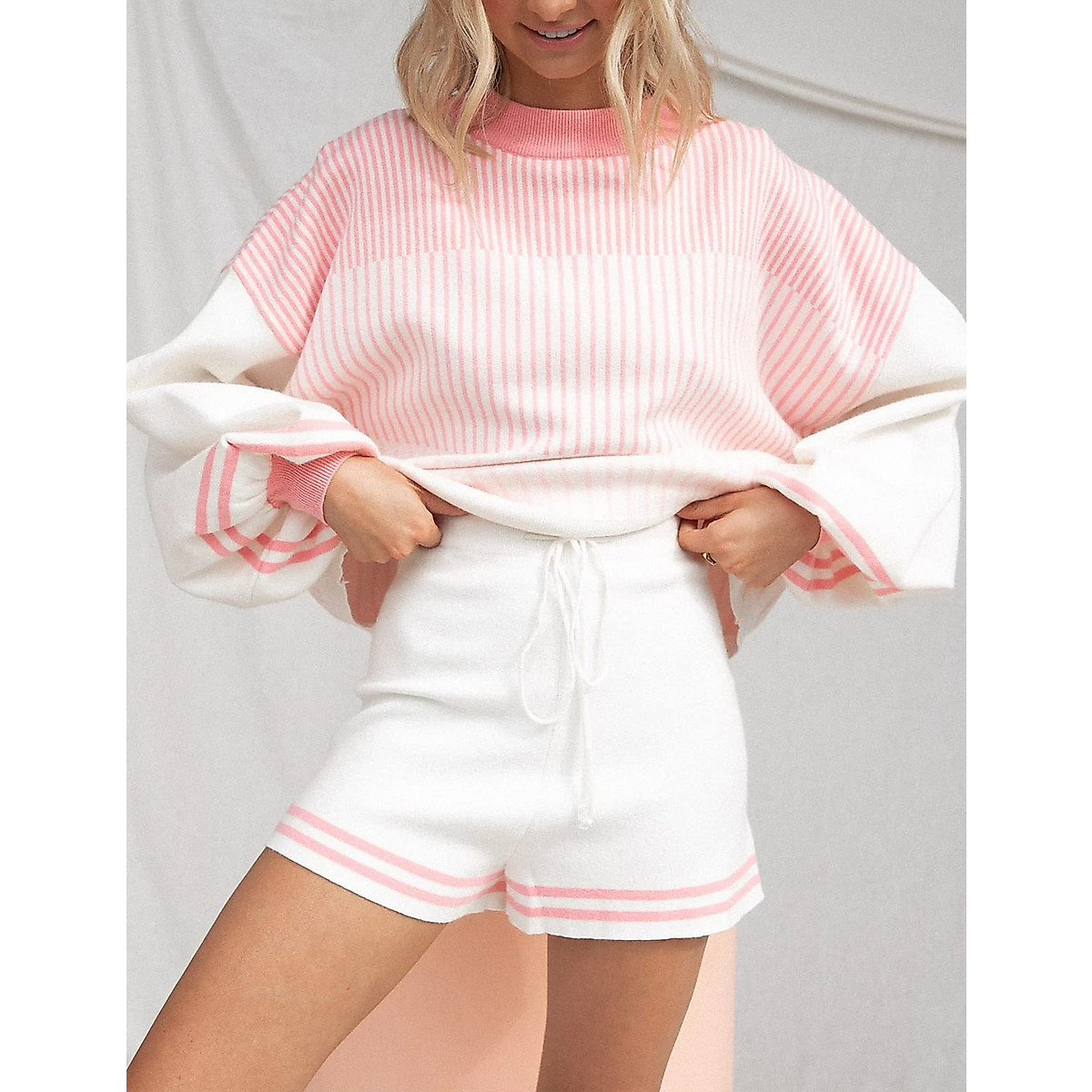VDWIP Women's Casual Striped 2 Piece Knitted Outfits Crewneck Wide Leg Pullover Knit Shorts Sweater Set (White-M)