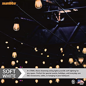 Sunlite 80572 48ft Outdoor String Lights, 1.5W Commercial Grade, Waterproof, Linkable Strands, UL Listed, 15 Hanging Sockets, Shatterproof LED Edison Bulbs Included, 2700K Warm White