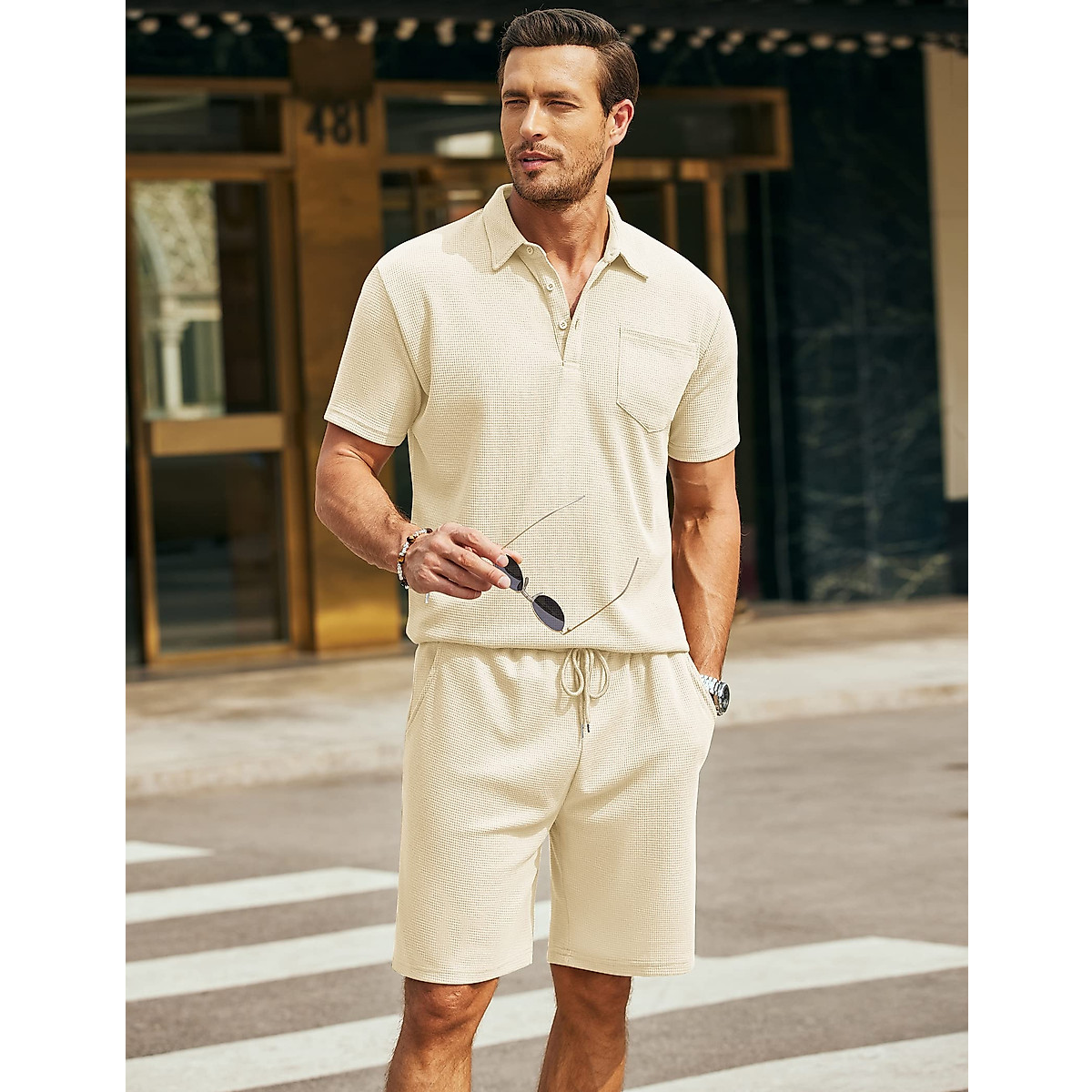 COOFANDY Men's Waffle Knit Polo Shirt and Shorts Set 2 Pieces Outfits Summer Suit Casual Tracksuit with Pockets
