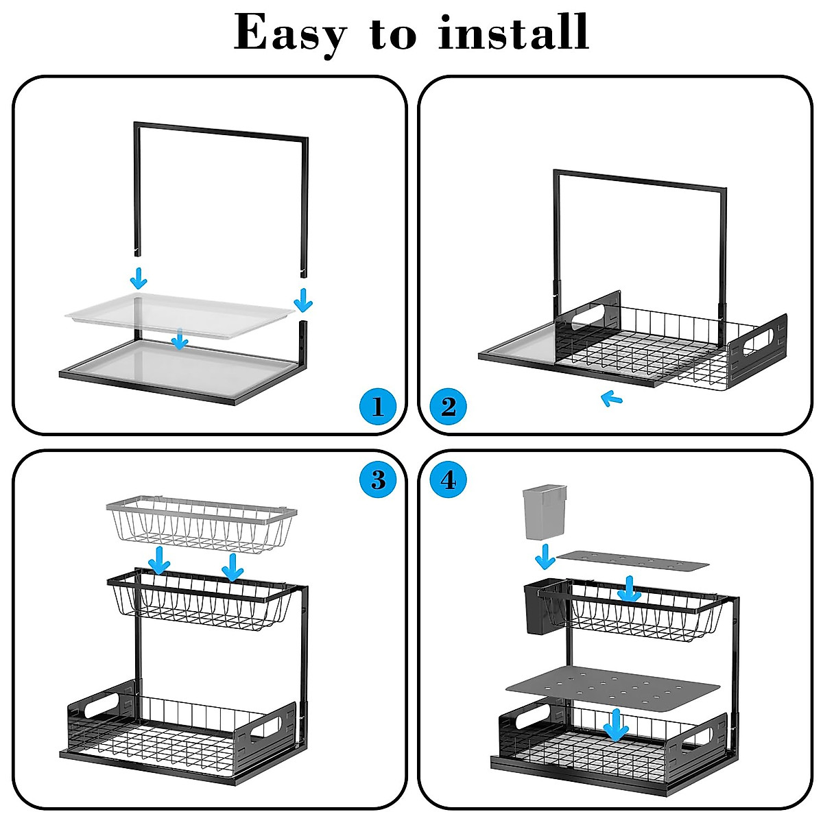 untovei 2 Pack Under Sink Organizer, Metal Pull Out Under the Sink Organizer Bathroom,2 Tier under kitchen sink organizers and storage with hanging cups,Under Sink Mat for Bathroom/kitchen/cabinet