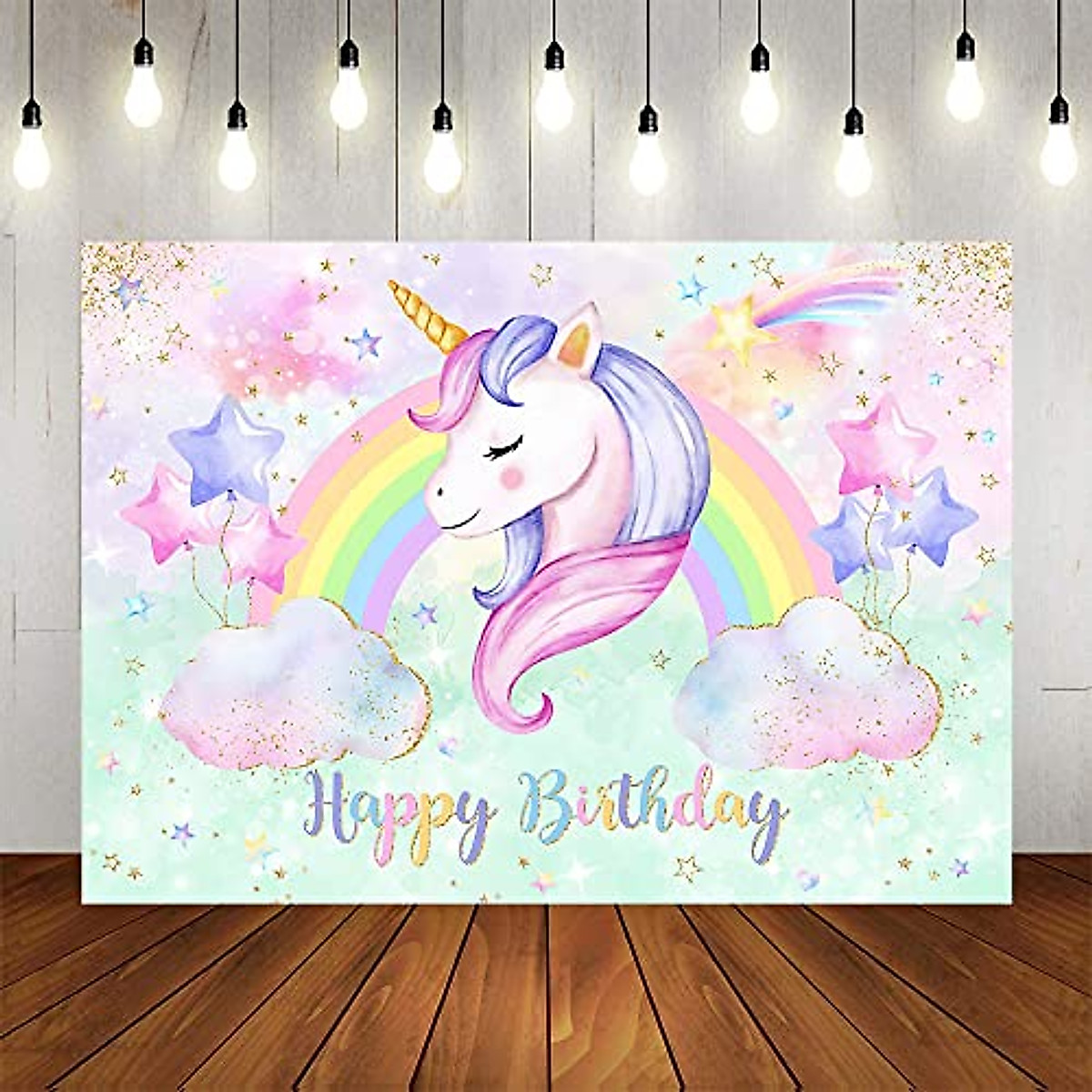 Avezano Unicorn Birthday Backdrop Pastel Rainbow Cloud Glitter Stars Unicorn Birthday Decorations Girls Unicorn Birthday Party Banner Decorations (7x5)