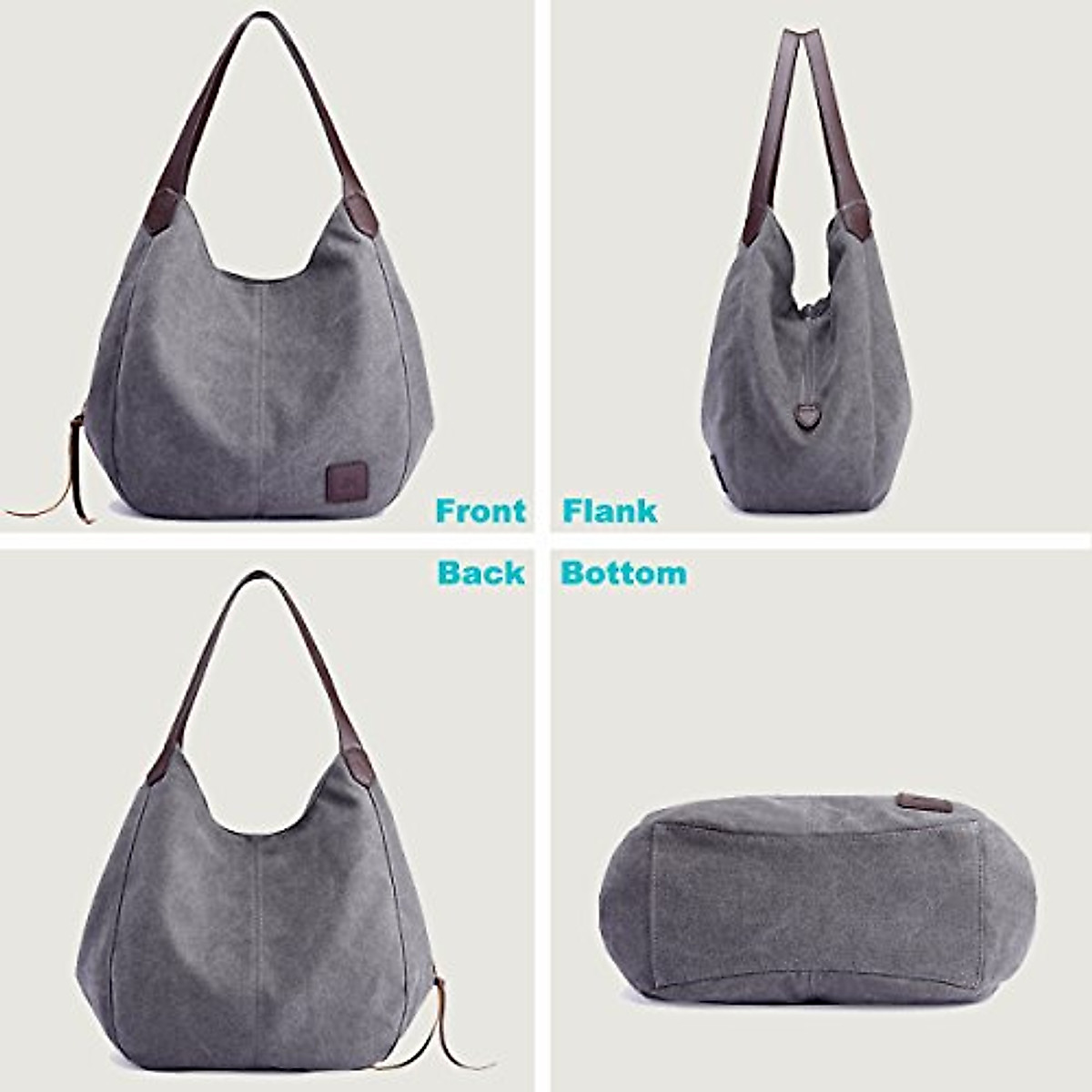 DOURR Women's Multi-pocket Shoulder Bag Fashion Cotton Canvas Handbag Tote Purse (Gray - Medium Size)