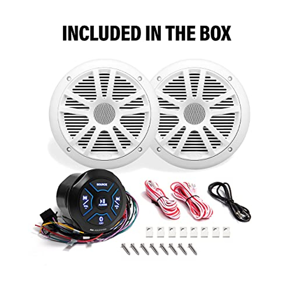 BOSS Audio Systems MG150W.6 Marine Boat Stereo Sound System Speaker Package - Built-in 2 Cannel Amplifier Head Unit, IPX6 Weatherproof, Bluetooth, No CD Player, USB, 6.5 Inch Full Range Speakers