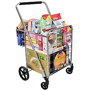 Supenice Jumbo Shopping Cart with Double Basket Grocery Cart Deluxe Folding Shopping Cart 360°Rolling Swivel Bearing Wheels Super Loading Utility Cart for Laundry, Grocery, Luggage