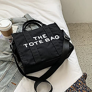 Canvas Tote Handbag Shoulder Bag, Letter Printing Solid Crossbody Bag, Large Capacity Tote Bag for Men Women (2pcs Black & Beige)