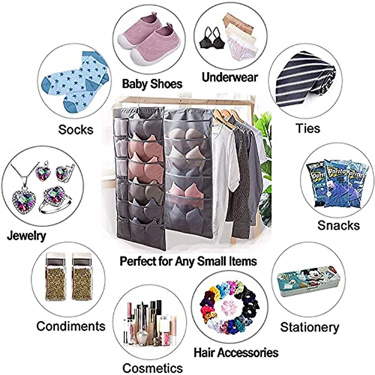 Dual Sided Hanging Closet Mesh Pockets Organizer for Underwear, Stocking, Bra and Sock (2 Packs, Grey: 12+24 Pockets; Pink：12+18 Pockets)