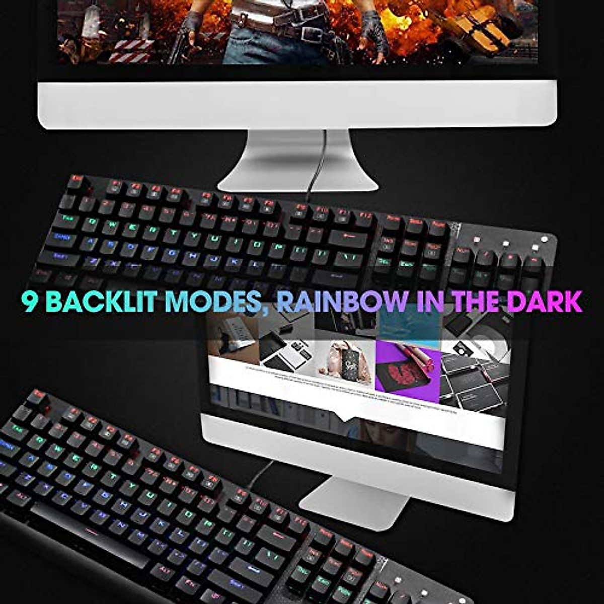 E-YOOSO Mechanical Keyboard K600 Blue Switches 104 Keys Gaming Keyboard 9 Modes LED Backlit Rainbow USB Wired Keyboard for Desktop Computer Laptop Windows PC