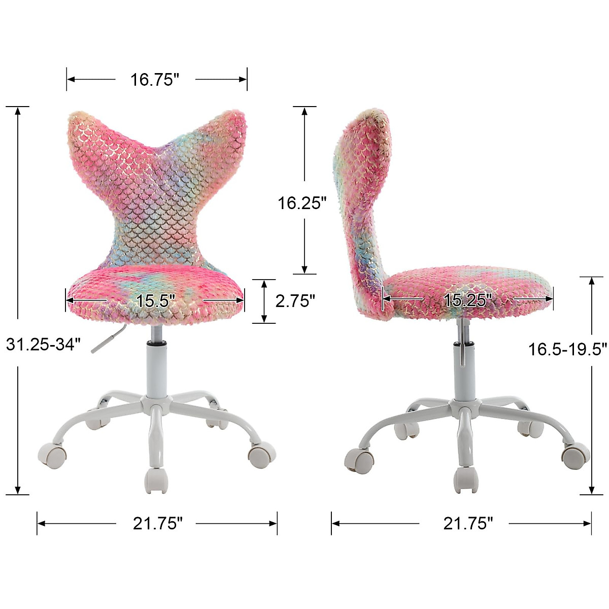 ZSARTS Cute Kids Desk Chair with Wheels Armless Swivel Study Chair with Mermaid Tail Back for Girls Faux Fur Adjustable Task Chair for Bedroom Home Office,Dark Colorful