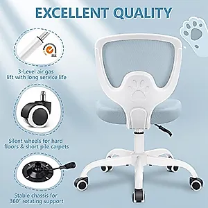 Primy Kids Desk Chair, Ergonomic Children Study Computer Chair Adjustable, Breathable Mesh Office Chair with Wheels, Armless Rolling Swivel School Task Chair for Boys Girls Age 4-12 in Home Bedroom