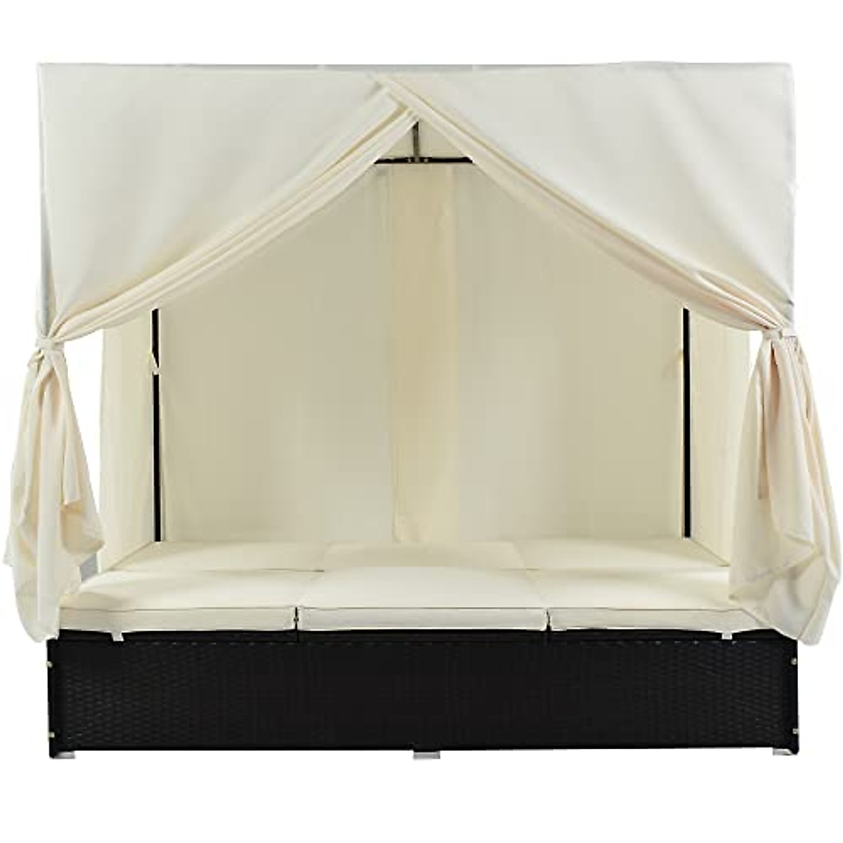 LUMISOL Outdoor Canopy Bed Patio Daybed Sunbed with Retractable Canopy, Rattan Sun Lounger Patio Loveseat Sofa Set with Curtains Garden Furniture (Beige)
