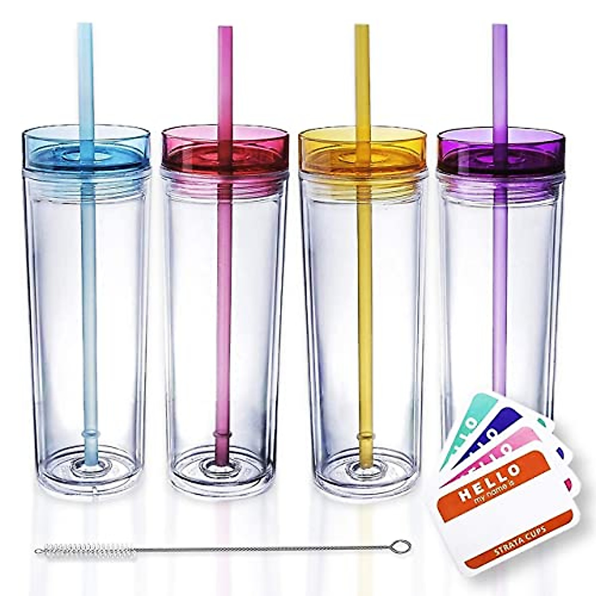 Strata Cups Skinny Tumblers: 4-Pack Insulated W/Lids & Straws