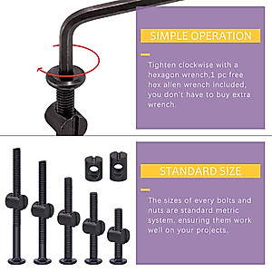 Swpeet 120Pcs Crib Hardware Screws, Black M6 × 35/45/55/65/75mm Hex Socket Head Cap Crib Baby Bed Bolt and Barrel Nuts with 1 x Allen Wrench Perfect for Furniture, Cots, Crib Screws