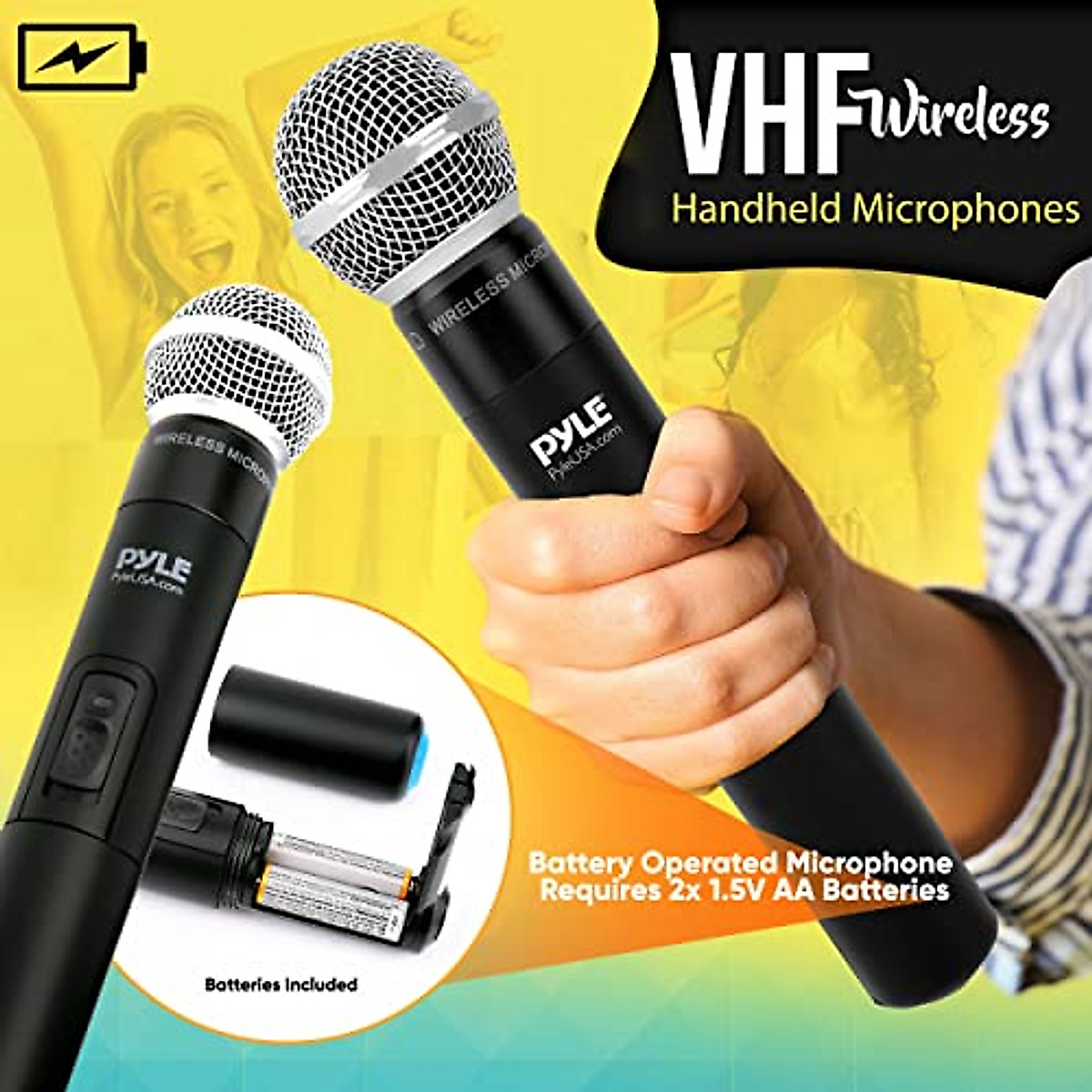 Pyle Wireless Karaoke Microphone System - Portable Audio Sound Mixer Receiver Set w/Dual Mic Setting, Two Handheld Mics, 3.5mm AUX & RCA Cord - for DJ Sound, Home Party, & Theater - PDKWM102UM
