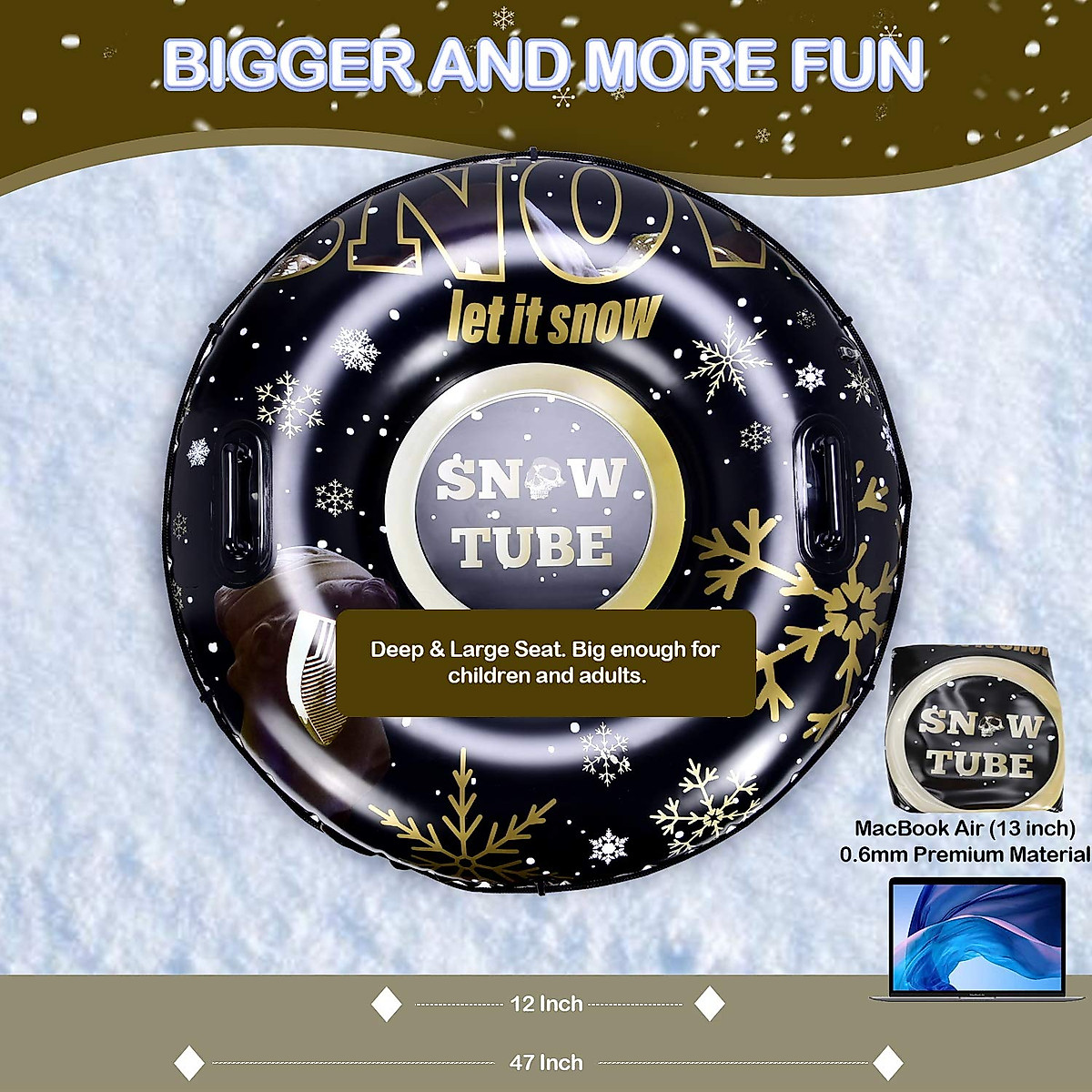 Mikiblue Snow Tube for Sledding Heavy Duty, Super 47'' Inflatable Sleds with Handles, Winter Outdoor Activities for Kids and Adults, Black