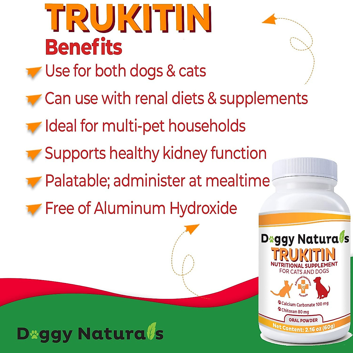 Trukitin Chitosin Based Phosphate Binder for Cats & Dogs – All Natural Human Grade Ingredients for Renal Support Supplement with Calcium Carbonate Oral Powder (Made in U.S.A)