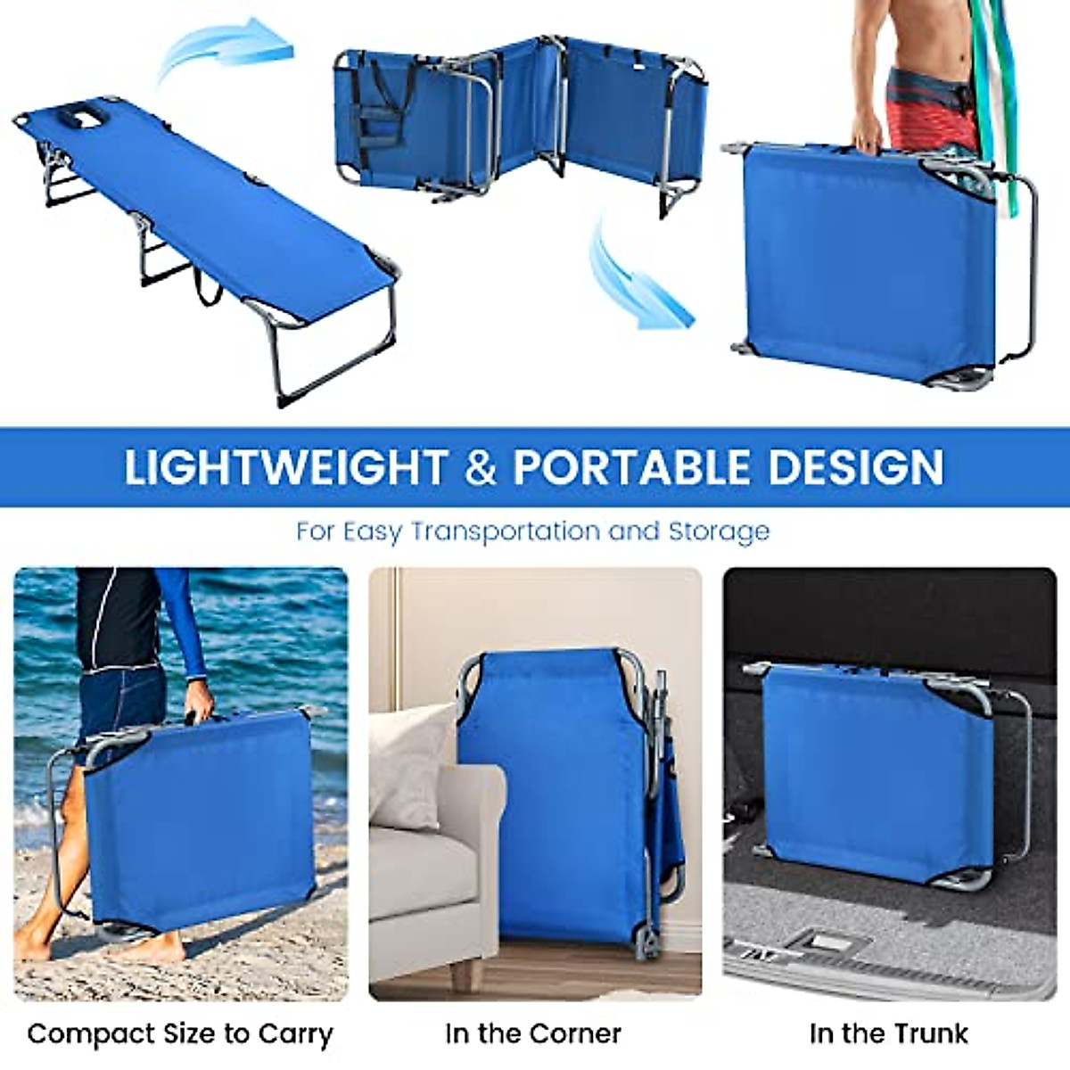 Moccha Folding Lounge Chair, Adjustable Beach Bed, Foldable Recliner with Pillow, Sunbathing Headrest and Tray, for Outdoor, Camping, Backyard, Patio, Pool (Blue)