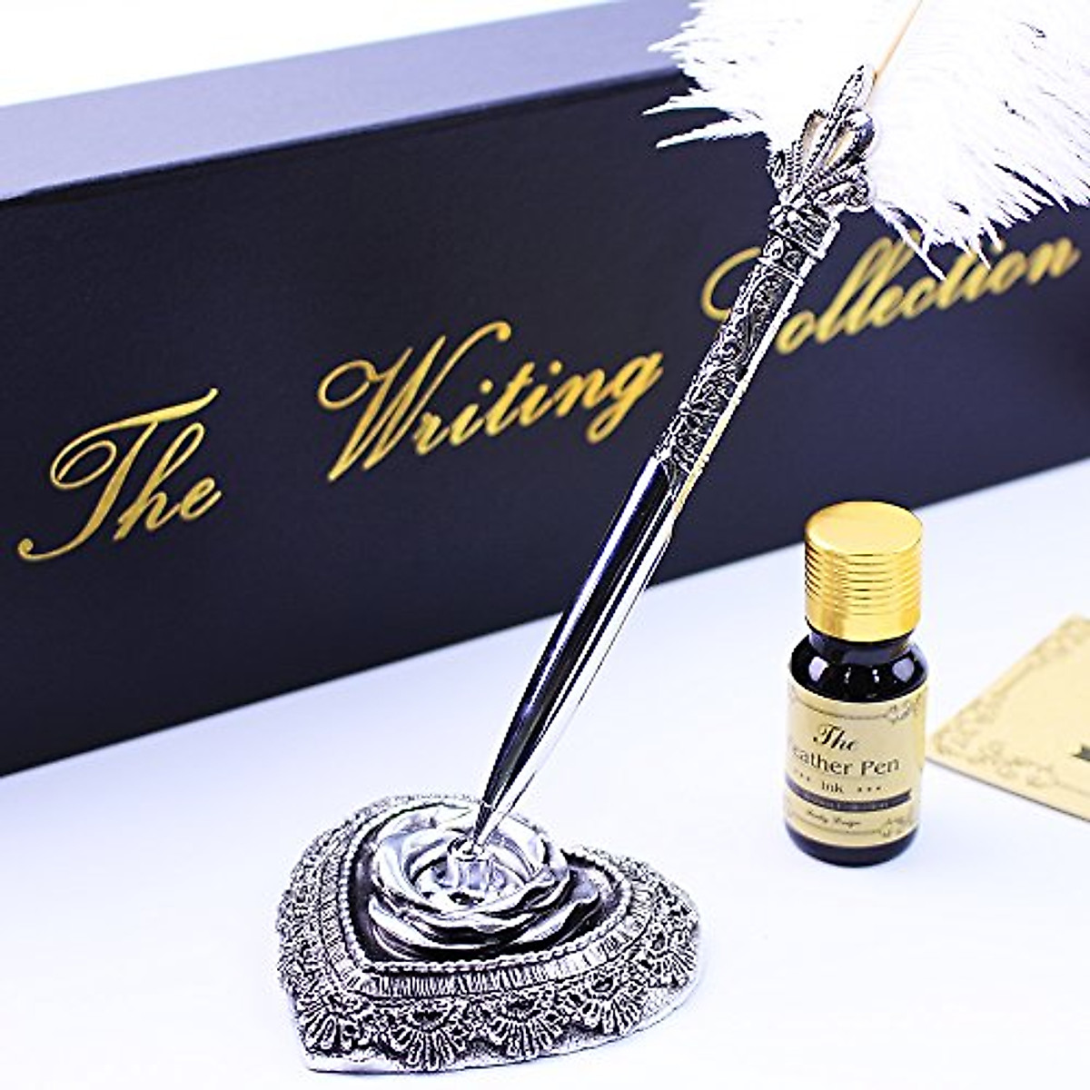 Featty Gifts Natural White Ostrich Plume Dip Quill Pen Set,Retro Crown Penholder and Crave Pattern Penstand Stem,Writing Feather Pen for Party