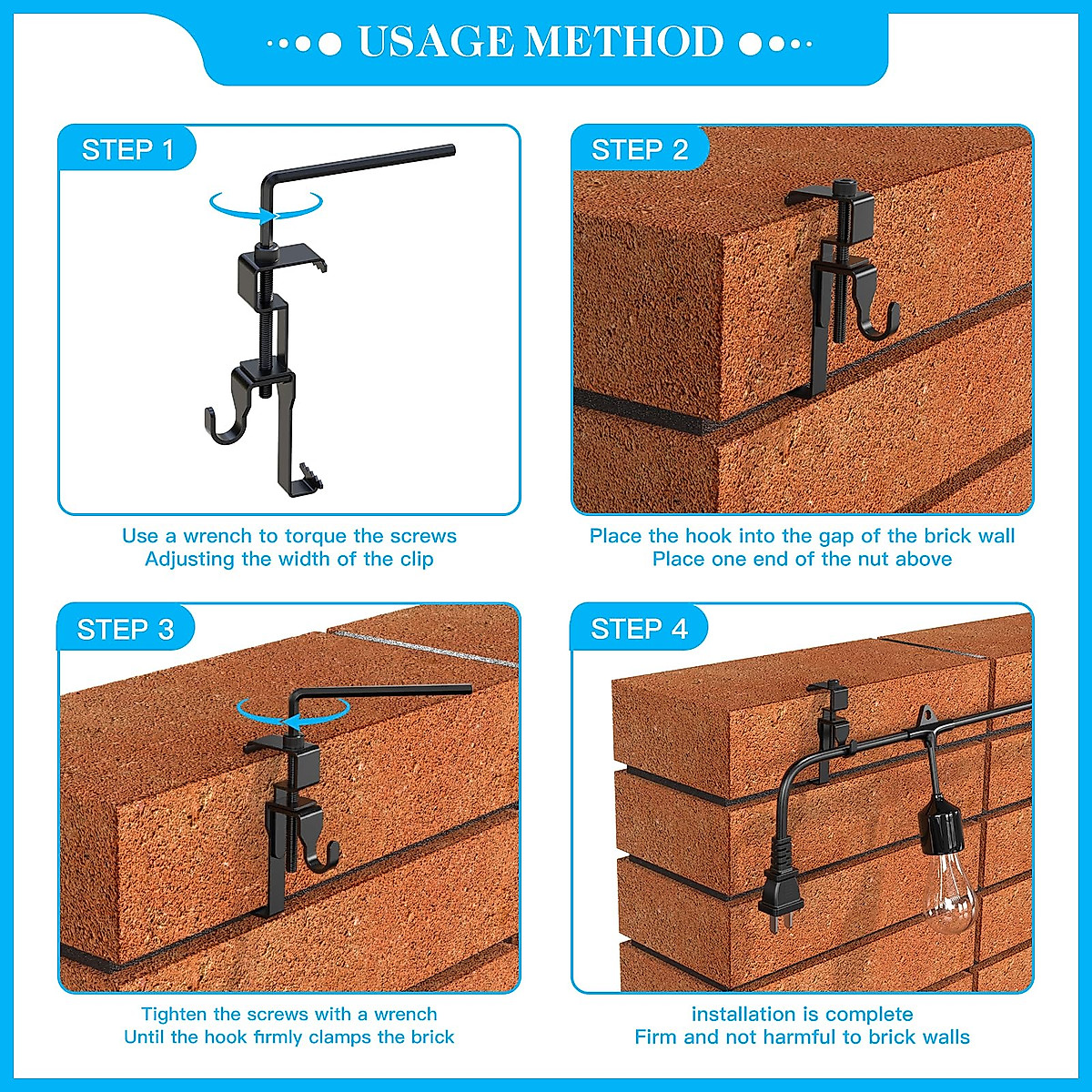 Lewufe Stainless Steel Brick Wall Clips, Brick Hooks Clamp Outdoor Heavy Duty 1-3/4" to 2-3/4" Brick Hook Brick Hangers No Drill, 6 Packs