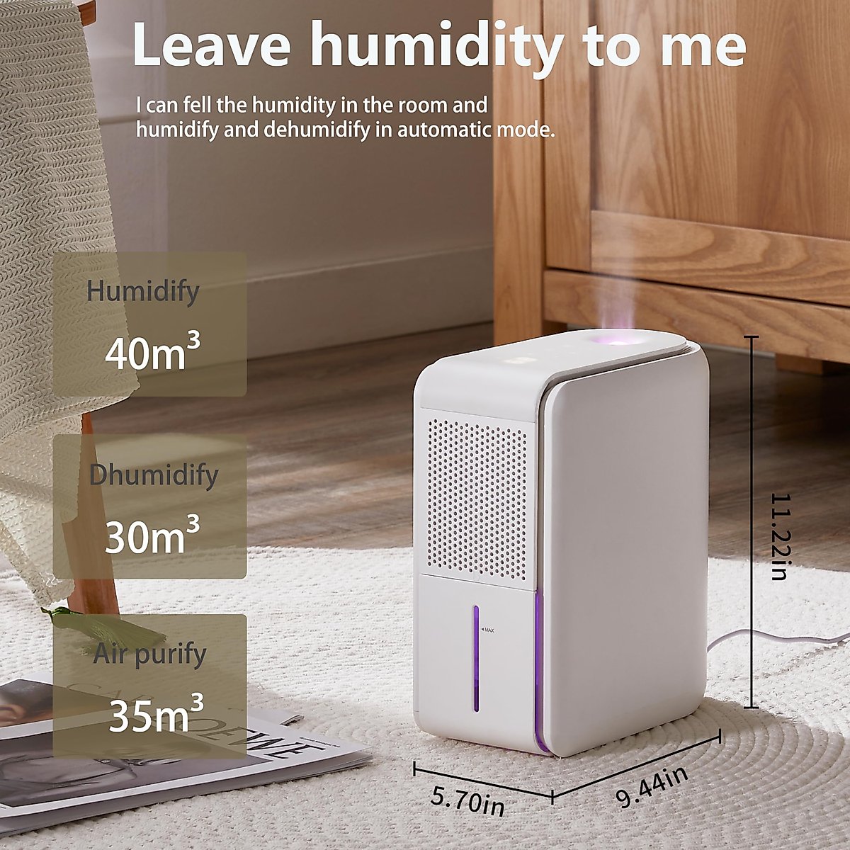 DINZAN 3 In 1 Humidifier Dehumidifier Combo With Air Filtration, Humidifiers Dehumidifier For Home Bedroom With Drain Hose Humidity and Temperature Display,5 Modes,7 Color LED Lights,Timer Set