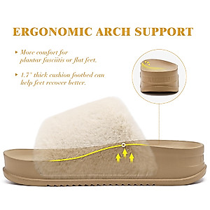 KuaiLu Womens Slides Soft Cushion Faux Fur Sandals for Women Open Toe House Slipper with Arch Support Ladies Slip On Fuzzy Platform Slipper Indoor Outdoor,Beige Size 10