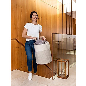 OrganiHaus White Baby Hamper Basket 15x18 | Toy Basket Storage for Kids | Large Woven Baskets for Storage | Round Laundry Basket | Blanket Holder for Bedroom | Boho Blanket Basket for Living Room