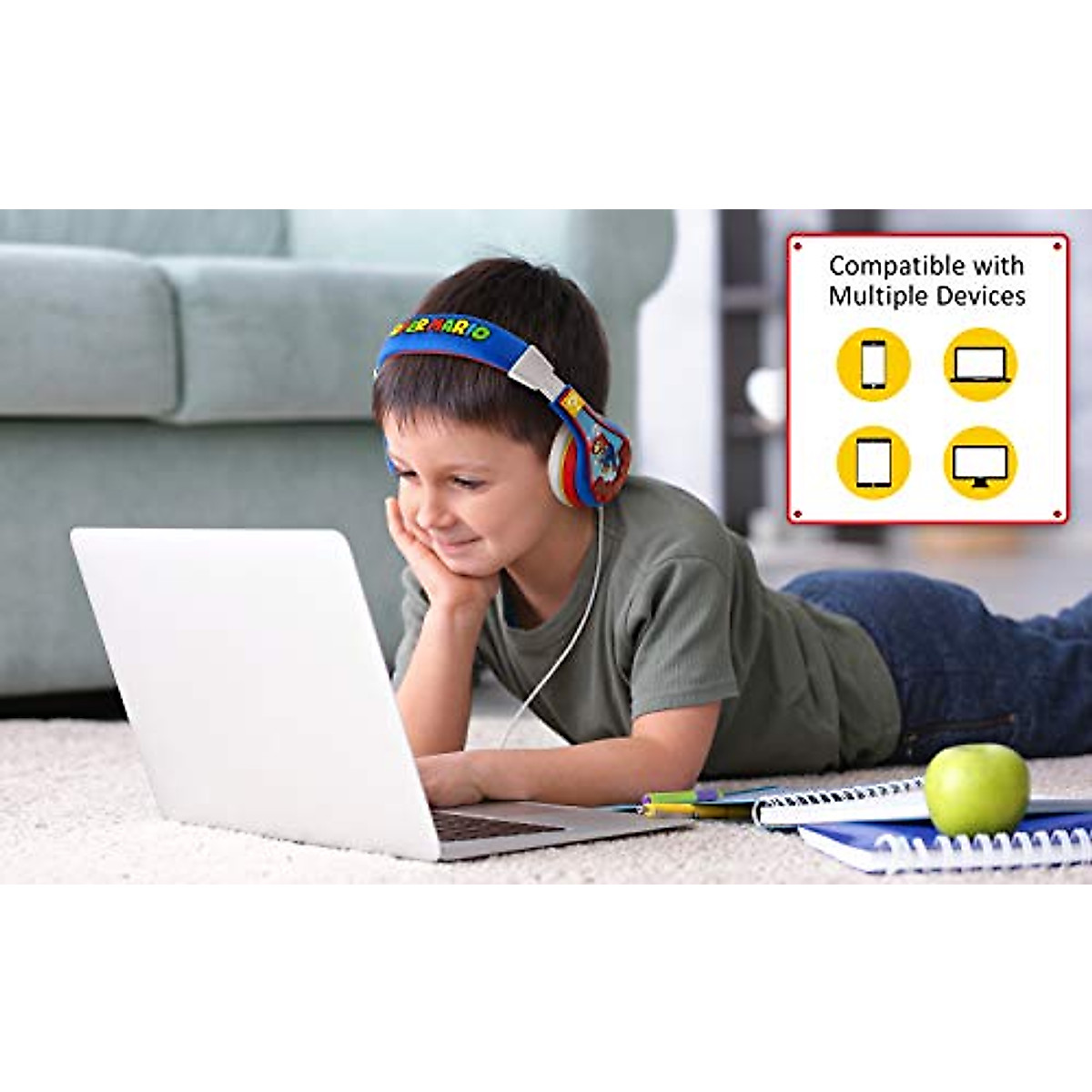 eKids Super Mario Kids Headphones, Adjustable Headband, Stereo Sound, 3.5Mm Jack, Wired Headphones for Kids, Tangle-Free, Volume Control, Childrens Headphones Over Ear for School Home, Travel