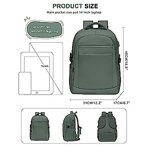 Travel Laptop Carry on Backpack for Women Men, Airline Flight Approved Waterproof 14 Inch Laptop Backpack, Casual Daypack College Personal item Bag Rucksack with USB Charging Port for Business, Green