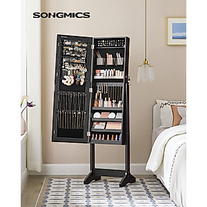 SONGMICS Jewelry Cabinet Armoire, Freestanding Lockable Storage Organizer Unit with 2 Plastic Cosmetic Storage, Full-Length Frameless Mirror, for Necklace Earring, Black UJJC002B01