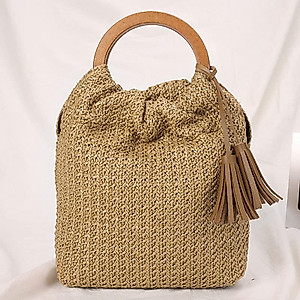 Women Tassels Straw Woven Handbag Wooden Top Handle Bucket Bag Summer Beach Travel Tote