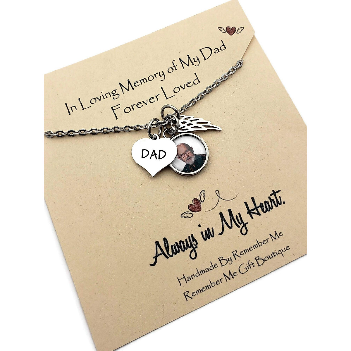 Handmade by Remember Me Loss of Father Gift, In Loving Memory, Dad Memorial Necklace In Memory of Dad Necklace with Picture Charm, Angel Wing, and Dad Charm